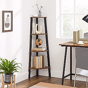 VASAGLE Corner Shelf Stand, 4-Tier Corner Bookshelf, Industrial Corner Ladder Shelf, Plant Stand Display Shelf for Living Room, Office, Kitchen, Rustic Brown and Black ULLS34X