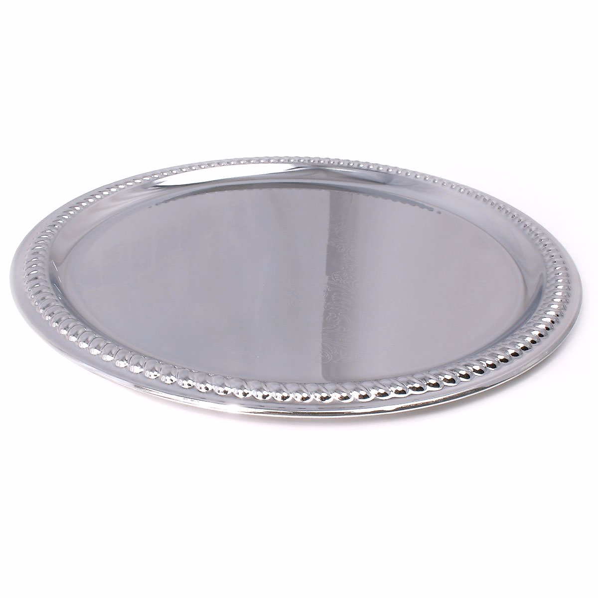 Maro Megastore (Pack of 4 14-Inch Traditional Round Floral Pattern Engraved Catering Chrome Plated Serving Tray Mirror Plate Silver Metal Platter Tableware Wedding Birthday (Extra Large) T139-14-4pk