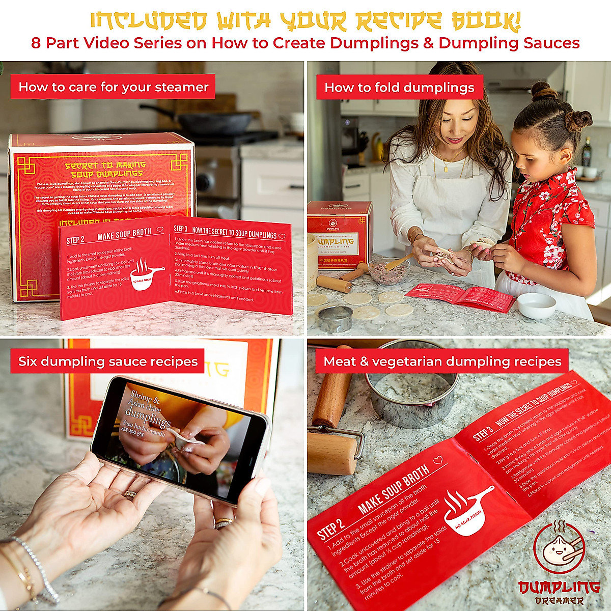 Dumpling Maker, Soup Dumpling Kit w/Dumpling Mold! Kitchen Gadget, Bamboo Steamer Basket, Dumpling Cutter, Agar, Roller, Recipes. Unique Gifts. Make Your Own Dumplings, Dim Sum, Chinese Steamer