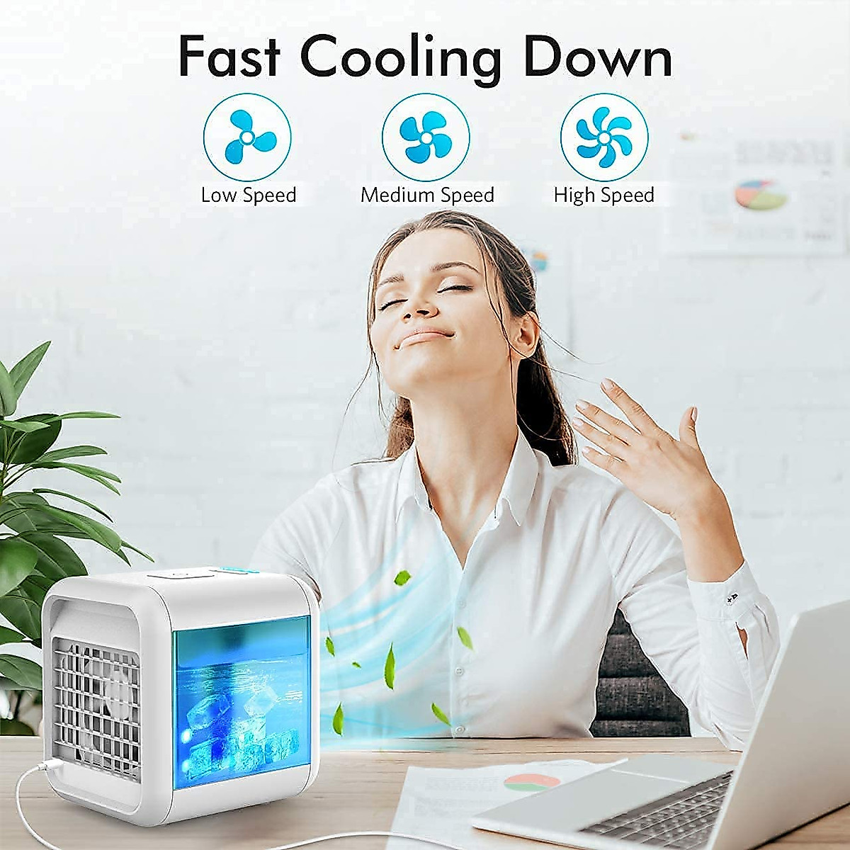 Portable Air Conditioner Fan, Personal Air Cooler with Icebox, USB Desk Fan with 3 Speeds, Evaporative Air Cooler for Home, Office & Outdoor Use, Air Humidifier, USB Charging, 7 Light Colors, Quiet