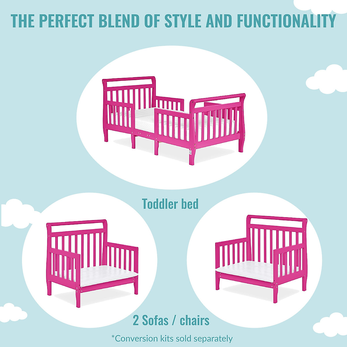 Dream On Me Emma 3-In-1 Convertible Toddler Bed In Fuschia Pink, Converts To Two Chairs And-Table, Low To Floor Design, JPMA Certified, Non-Toxic Finishes, Safety Rails