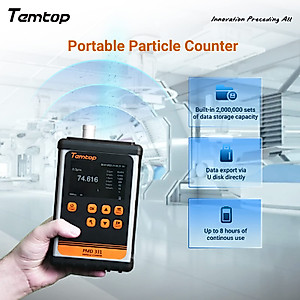 Temtop Professional Particle Counter Affordable Cleanroom Portable Particulate Sensor 0.3μm~10μm Particulate Matter Tester PM0.5, PM2.5, PM10 Detector ISO-21501 Certified PMD331