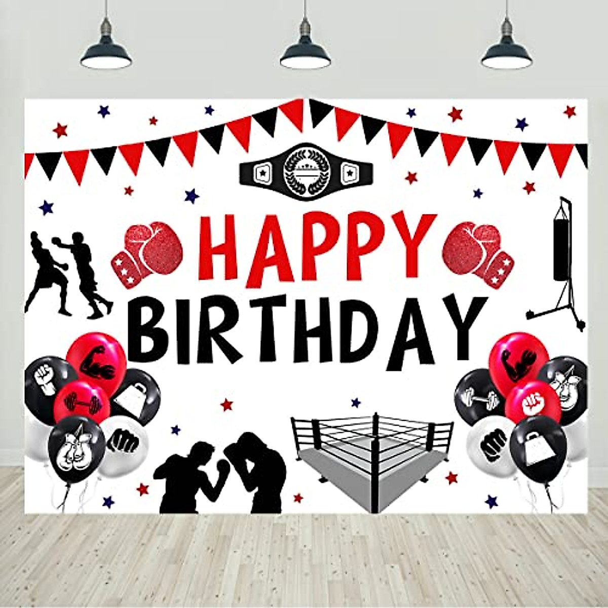 Boxing Birthday Party Backdrop for Boys Red and Black Boxer Sport Photography Background Decorations Kids Boxing Match Party Banner Supplies 7x5ft