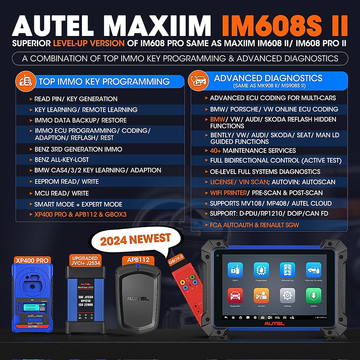 Autel MaxiIM IM608S II: 2024 Newer Ver. of IM608 PRO Top Car IMMO & Key Fob Programming Tool, Same as IM608 PRO II/ IM608 II, w/ XP400 PRO APB112 GBOX3, AutoScan 2.0, Advanced ECU Coding, 40+ Services