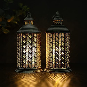 JHY DESIGN Set of 2 Metal Table Lamp Battery Powered 10.5" Tall Cordless Lamp Light with Edison Style Bulb Battery Operated Great for Living Room Bedroom Parties Indoors Outdoors (Bamboo Leaves)