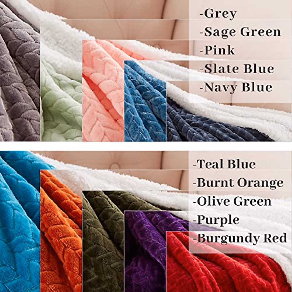 SunStyle Home Sherpa Fleece Blanket Full Sage Green Soft Cozy Plush Fluffy Flannel Thick Blanket Leaf Jacquard Luxury Winter Warm Reversible Blankets for Couch, Sofa, Bed 60X80