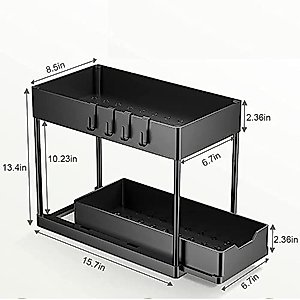 Under Kitchen Sink Organizers,2 layer black multi-purpose sink below tissue and bathroom kitchen storage,includes 4 hooks for 1 hanging cup, bottom with handle for slide out basket
