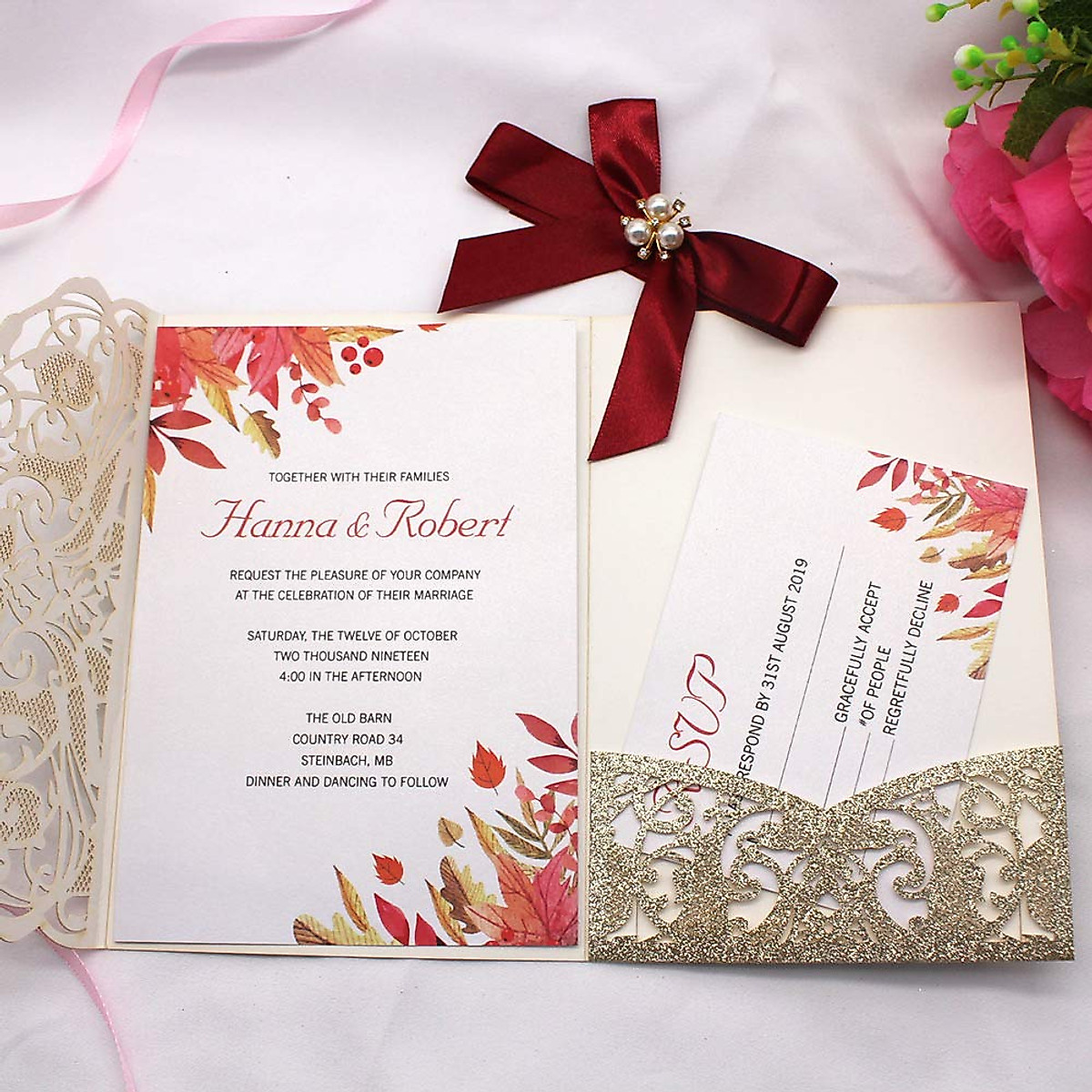 AdasBridal 25Pcs 250GSM Tri-Fold Glitter Wedding Invitations with RSVP Cards and Envelopes for Wedding Engagement Bridal Shower Birthday Quinceanera Party Invite(Gold Glitter, 7.09 X 4.92inch)