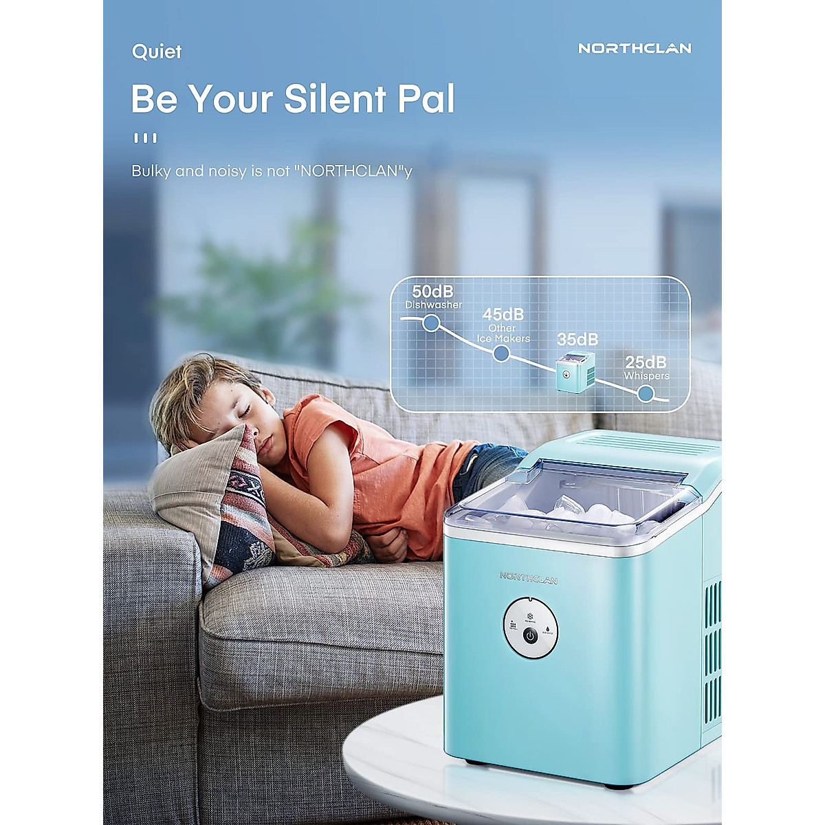 Ice Makers Countertop, 28 lbs in 24 Hours, 9 Cubes Ready in 6 Mins, NORTHCLAN Portable Ice Cube Maker Machine with Ice Scoop and Basket for Home/Kitchen/Office/Bar/Party (1, Mint, 1)