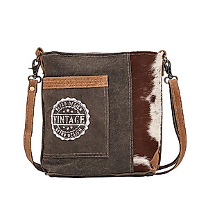 Myra Bag Vintage Stamp Upcycled Canvas & Cowhide Shoulder Bag S-1477