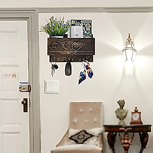Key and Mail Holder for Wall Mounted with Purple Decorative Flowers, Large Wooden Mail Box with Wave Carving Pattern, 4 Double Metal Key Hooks, Rustic Decor Wall Mount Organizer for Entry