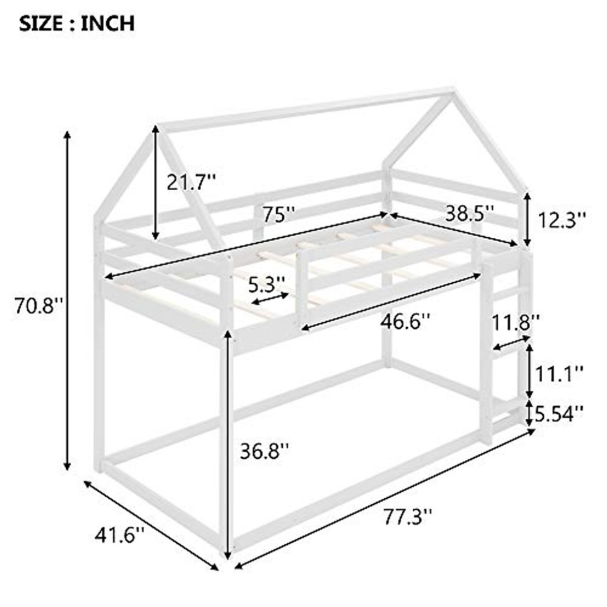 MERITLINE House Shaped Bunk Bed Twin Over Twin Size Wood Bunk Bed Frame Low Bunk Beds for Kids and Toddlers, Twin Size,White