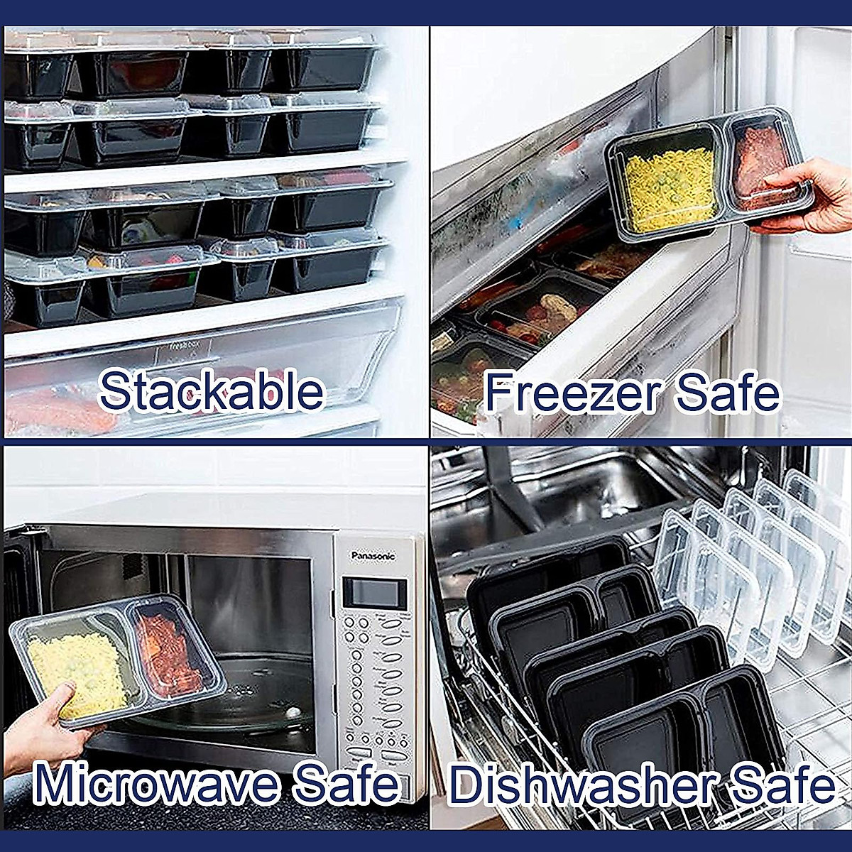 Meal Prep Container with Lids, 50 Pack Divided Food Storage Containers Microwave Safe 2 Compartment Disposable Bento Box Reusable To-go Container Plastic Bento Lunch Box (33 oz)