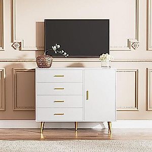LYNSOM White Storage Cabinet with 4 Drawers, Free Standing Sideboard Cabinet with Door and Shelf, Printer Stand for Home Office, Accent Cabinet for Living Room, Bedroom, Entryway, Hallway