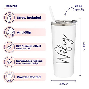 Wifey Tumbler | 22 Ounce White Engraved Stainless Steel Insulated Tumbler with Slide Close Lid and Straw | Bridal Shower | Bride To Be Gifts | Engagement Gift | Valentine's Day Gifts