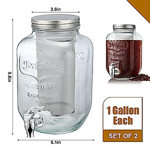 Tanlade 2 Pcs 1 Gallon Cold Brew Coffee Maker and 2 Pcs Stainless Steel Mesh Filter Cold Brew Mason Jar Drink Dispenser Thick Glass Iced Tea Maker Large Iced Coffee Maker Carafe