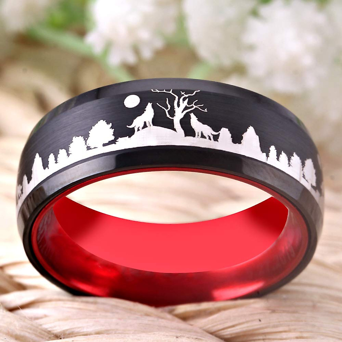 Howling Wolf Wolves Landscape Scene Tungsten Ring 8MM Width Matte Finished Beveled Edges Wedding Band -Free Customer Engraving (9.5)