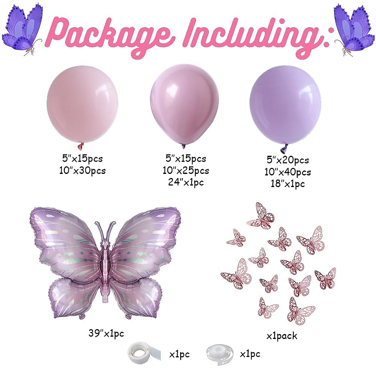 Butterfly Balloon Garland Arch Kit - 149PCS Pink & Purple Balloons with Fairy Wings, Butterfly Foil Balloon & Stickers for Girl Birthday, Bridal Shower Party Decorations
