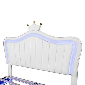 Lucakuins Led Full Size Upholstered Bed Frame with LED Lights,Modern Upholstered Princess Bed with Crown Headboard,Whit