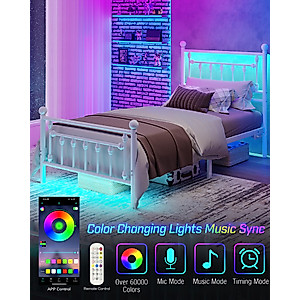 PUNICE Bed Frame Twin Size with Charging Station, LED Bed Frame with Victorian Style Iron-Art Headboard/Footboard, Under-Bed Storage, No Box Spring Needed, Easy Assembly, White