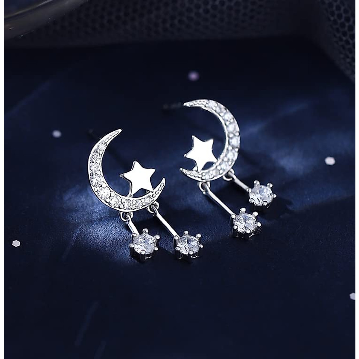 Reffeer 925 Sterling Silver Crescent Moon Star Earrings Studs for Women Teens Girls CZ Moon Studs Earrings Star Tassel Earrings (A-Silver)