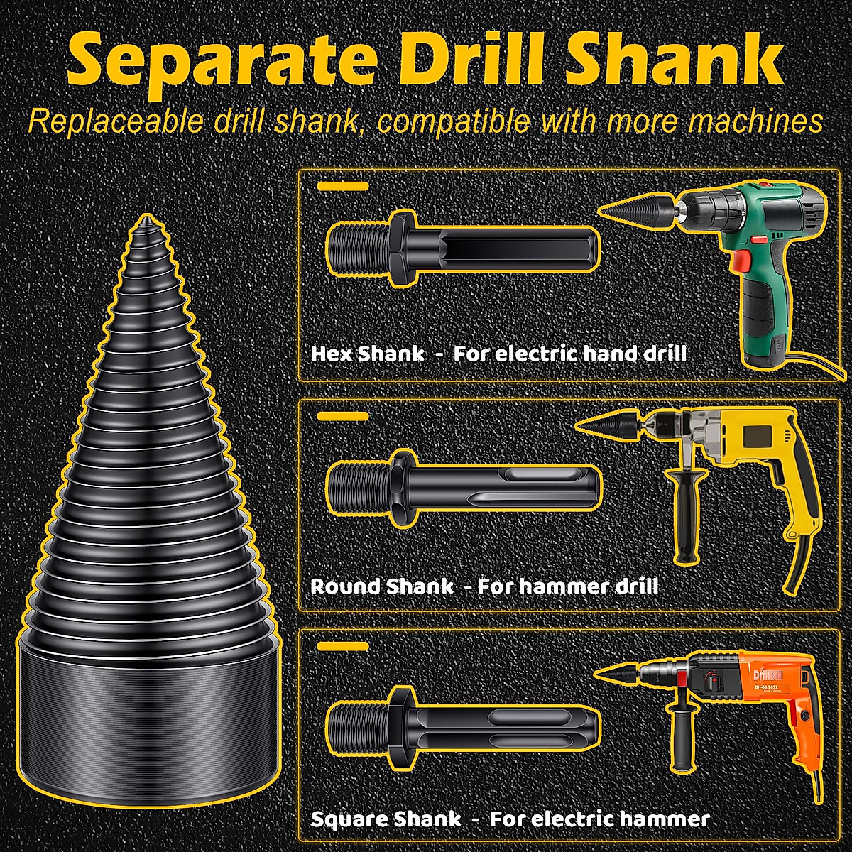 5 Pcs Firewood Log Splitter Drill Bit, Removable Wood Splitter Drill Bits, Screw Cones Kindling Splitter, Heavy Duty Wood Splitting Drill Bit for Hand Drill Stick Hex, Round, Square (32 MM, 42 MM)