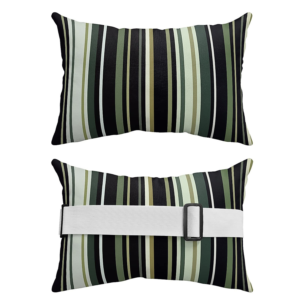 Chaise Lounge Head Resting Pillows, Black Green Stripe Outdoor Chaise Pillows, Waterproof Patio Furniture Pillows with Insert and Adjustable Elastic Stripe for Recliner Beach Chair