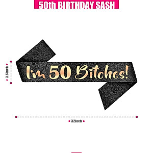 PartyForever 50th Birthday Decoration Sash I'm 50 Bitches! for Women Black 33.5 inch Long with Rose Gold Letters for Her