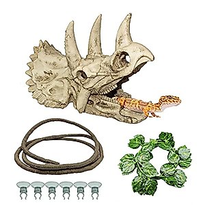 Tfwadmx Bearded Dragon Tank Accessories Resin Dinosaur Triceratops Skull Skeleton Reptiles Hideouts Cave Vines Leaves Aquarium Decorations for Lizards,Chameleon,Snake,Spider,Gecko