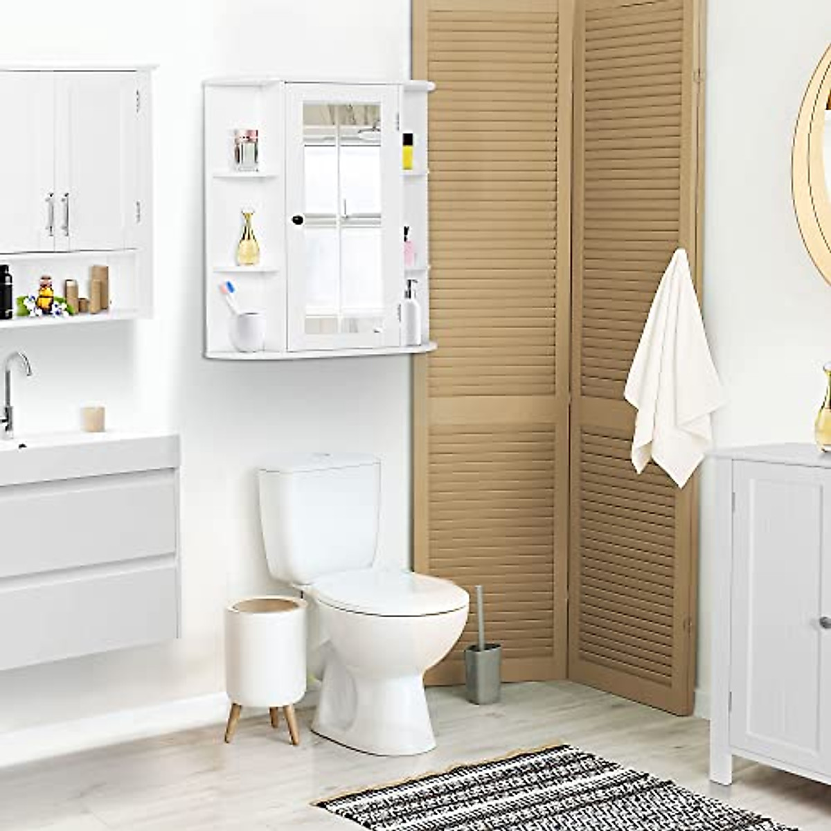 SUPER DEAL Bathroom Cabinet with Single Mirror Door Wall Mount Medicine Cabinet with Inner Adjustable Shelves Wooden Storage Organizer