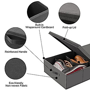 HOUSE AGAIN Under Bed Shoe Storage Organizer with Lid, Foldable Shoes Storage Bin Set of 2, Stackable Underbed Storage Containers with 2 Handles, Fits Total 22 Pairs, Dark Grey