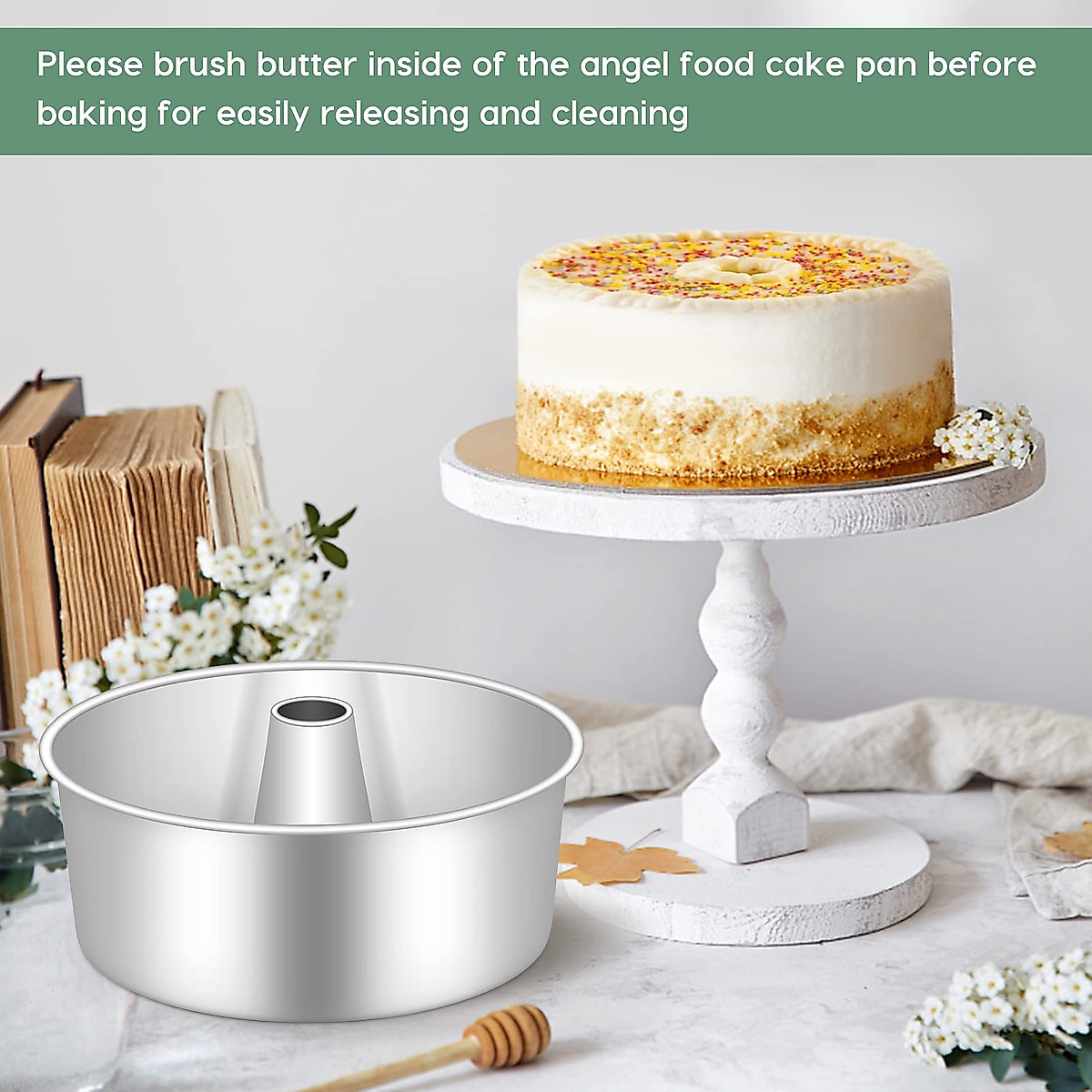 TeamFar 10inch Angel Food Cake Pan, Stainless Steel Cake Pan with Tube, Healthy & Non-toxic, Durable & One-Piece, Mirror Finish & Dishwasher Safe