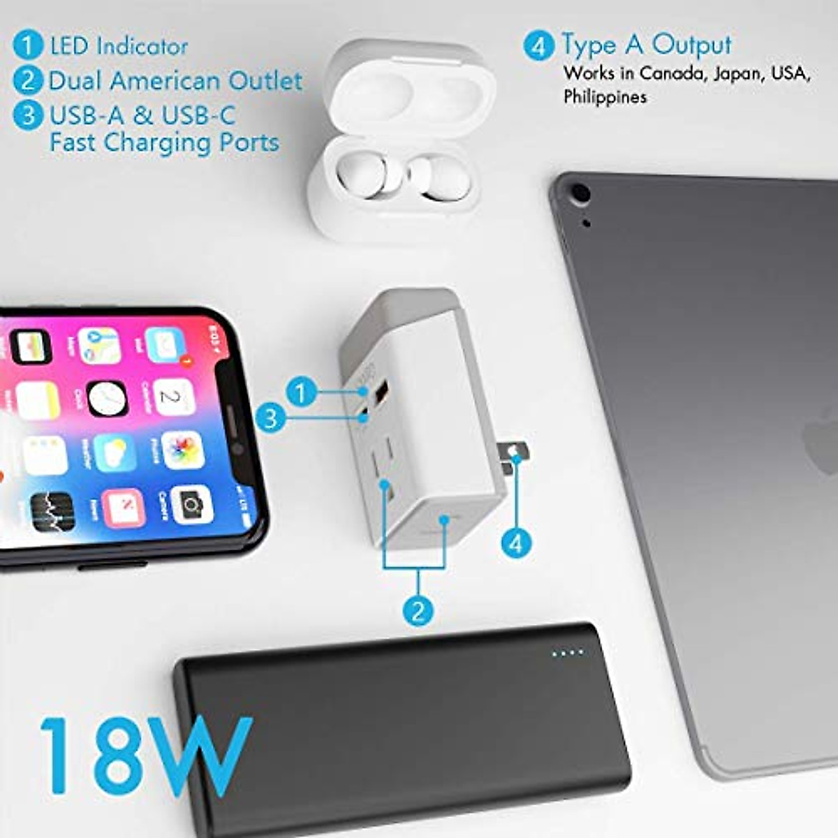 Ceptics Japan, Philippines Power Travel Plug Adapter, QC 3.0 & PD, Safe Dual USB & USB-C - 2 USA Socket Compact & Powerful - USA 3 Pin Polarized to 2 Prong Unpolarized - Type A - AP-6 Fast Charging