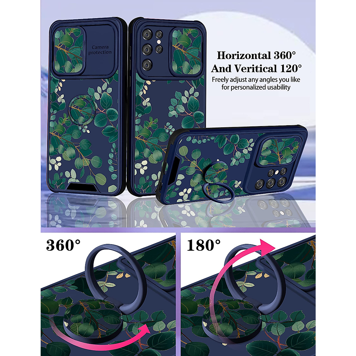 Goocrux (2in1 for Samsung Galaxy S21 Ultra Case Floral for Women Girls Girly Phone Cover Cute Leaves Plants Design with Slide Camera Cover+Ring Holder Fashion Unique Green Cases for S21 Ultra 6.8''