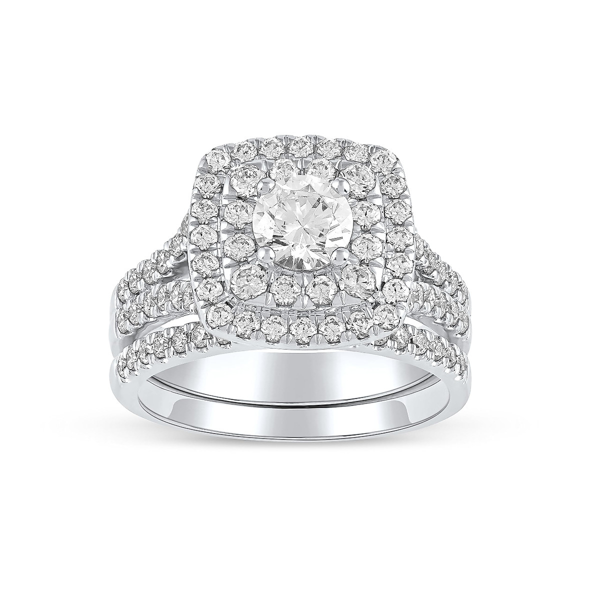 IGI Certified 14k White Gold 2ct TDW Round Cut Diamond Double Halo Engagement Ring Set (I-J, I2)