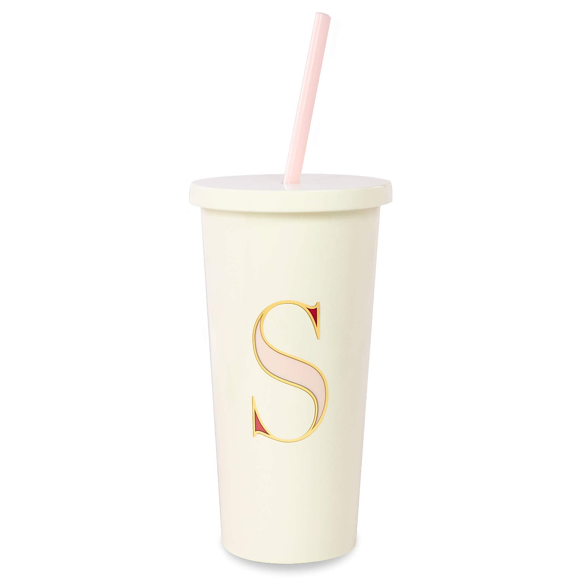 Kate Spade New York Insulated Initial Tumbler with Reusable Straw, 20 Ounce Acrylic Travel Cup with Lid, S (Pink)