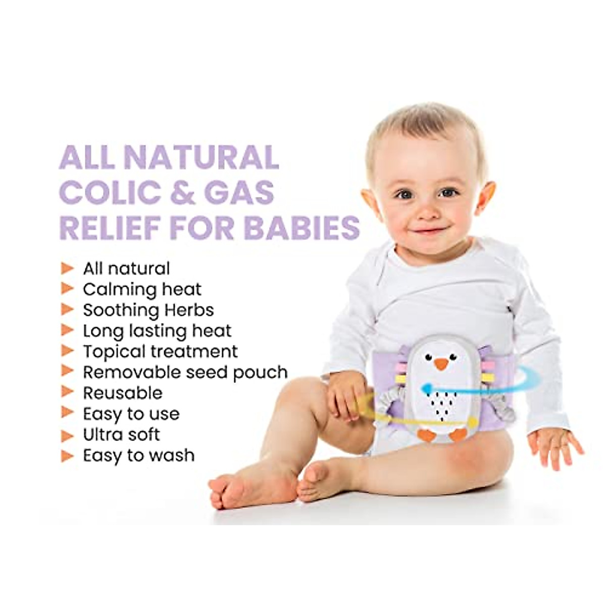 Superse Colic and Gas Relief for Newborns - Colic Calm Baby Heating Pad Belly Band for Upset Stomach and Baby Reflux - Warm Aroma Stomach Band for Fussy Infant Gas with Washcloth (Purple penguin)