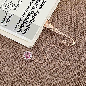 6 Pack Metal Feather Bookmark Charming Beaded Pendant with Dried Flower Specimens Inside Book Marker for Women