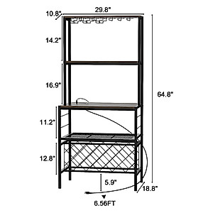 GEBAROW Wine Rack Freestanding, Metal Wine Rack, Industrial Wine Bakers Rack with LED and Sockets, Bar Cabinet with Glass Bottle Holder for Home Kitchen Dining Room, Rustic Brown