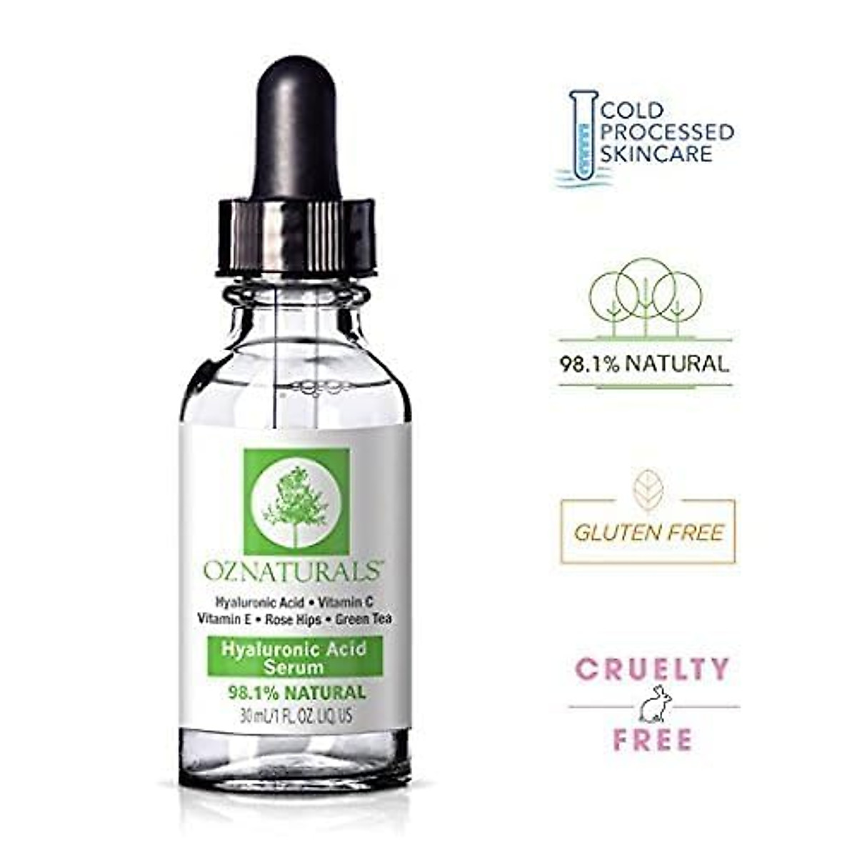 OZNATURALS Hyaluronic Acid Serum for Face - Plumping Serum, Hydrating Facial Skin Product, Natural Ingredients, Plump Fine Lines, Anti-Aging Face Serum, Organic Aloe + Rosehips Intense Moisture
