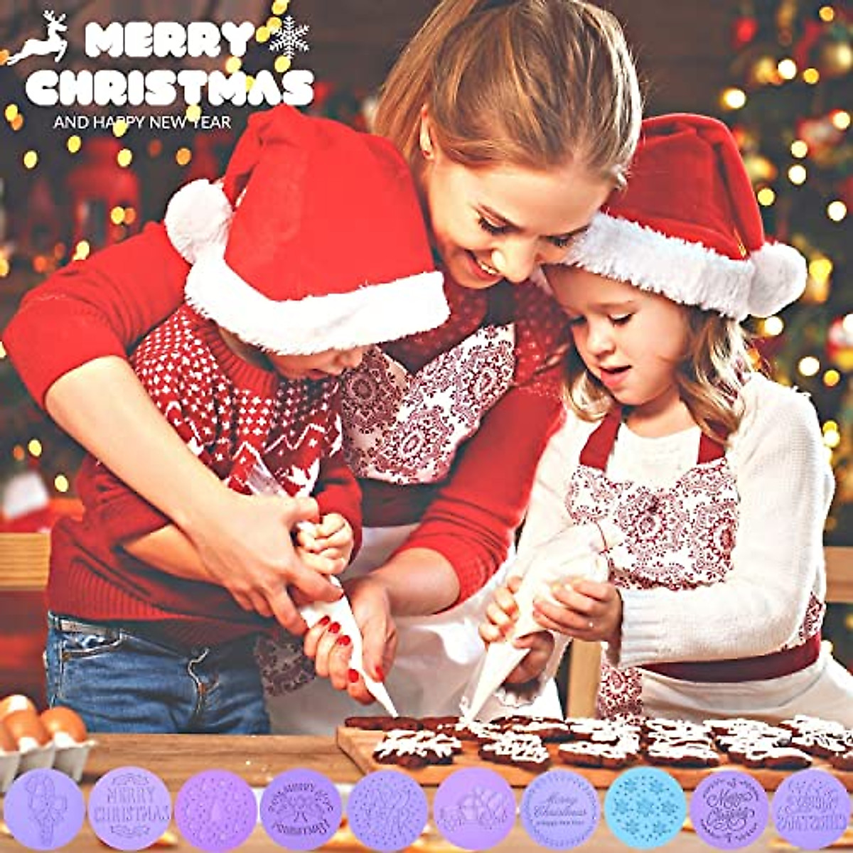 Crethinkaty 2 Pieces Christmas Fondant Embosser Merry Christmas Shape 3D Raised Design Cookie Stamp for Baking Cookies,Decorating Cake/Sugar Paste/Cupcake