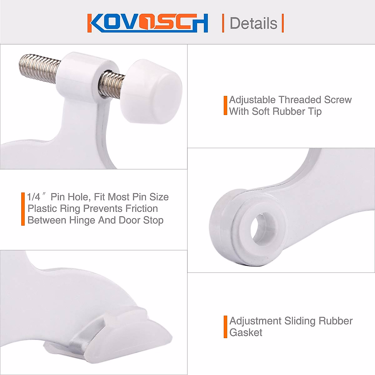 KOVOSCH 6 Pack Hinge Pin Door Stopper White - Adjustable Heavy Duty Hinge Pin Door Stops with White Rubber Bumper Tips