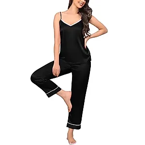 SWOMOG Womens Silk Satin Pajamas Set Two-Piece Pj Sets Cami Top and Capris Pants Sleepwear A-black