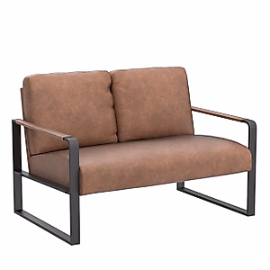 POINTANT Love Seat Mini Couch Small Settee Loveseat Bench for Living Room, Faux Leather Loveseat Sofa Small Sofa Couches for Small Spaces with Padded Cushion, Mid Century Modern Dark Brown Love Seats
