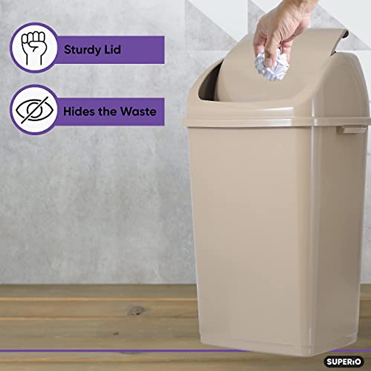 Superio Swing Top Trash Can, Waste Bin for Home, Kitchen, Office, Bedroom, Bathroom, Ideal for Large or Small Spaces - Beige (3 Pack - 4.5 Gal, 13 Gal)