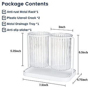 janebeauties Kitchen Utensil Holder for Countertop, Silverware Caddy with Metal Rack, Flatware Storage Cutlery Crock,Plastic 2-Cups Utensil Caddy Drying Utensil Container With Drain Tray for Party