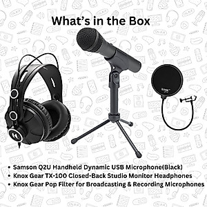 Samson Q2U Black Handheld Dynamic USB Microphone Bundle with Pop Filter and Closed Back Over-Ear Headphones (3 Items)