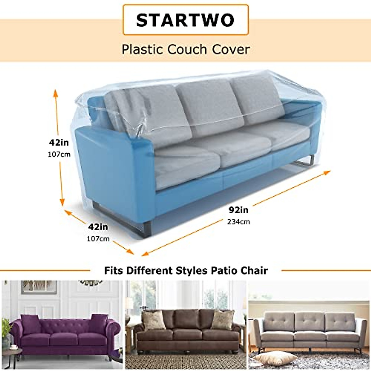 STARTWO Plastic Couch Cover - Dustproof Moving Bag for Sofa, Loveseat, Recliners, Plastic Furniture Cover Thick Clear Couch Cover for Moving and Long Term Storage, 92W x 42D x 42H Inches