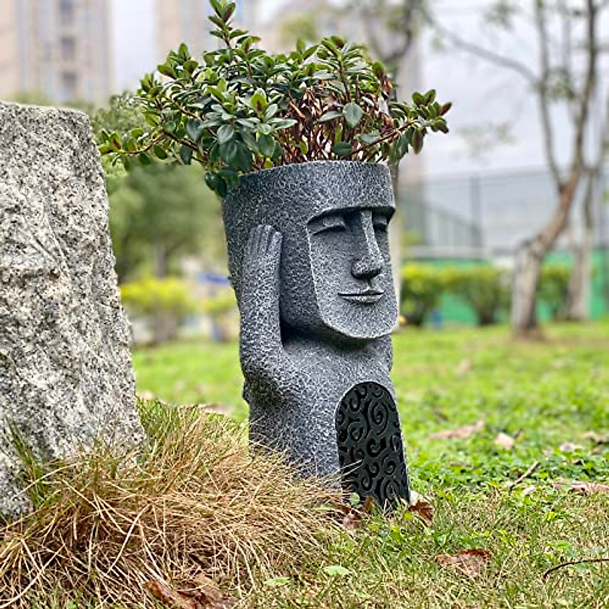 ANIAFJ Moai Funny Planter Solar Decor Planter Moai Solar Light Décor Ester Island Tiki Urn Easter Island Head Flowerpot-Do not Listing