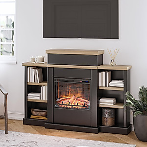 Ameriwood Home Gateswood 64 Inch Electric Fireplace with Mantel, Replaceable Fireplace Insert Heater, Shelves, Remote Control, Timer, Realistic Log and Flame Effect, Black